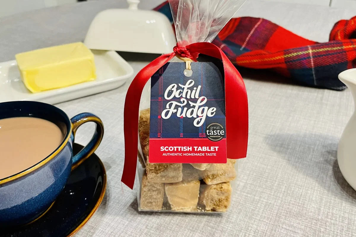 Scottish Tablet hand tied gift bag 200g - by The Ochil Fudge Pantry – Pippin Gifts Ltd