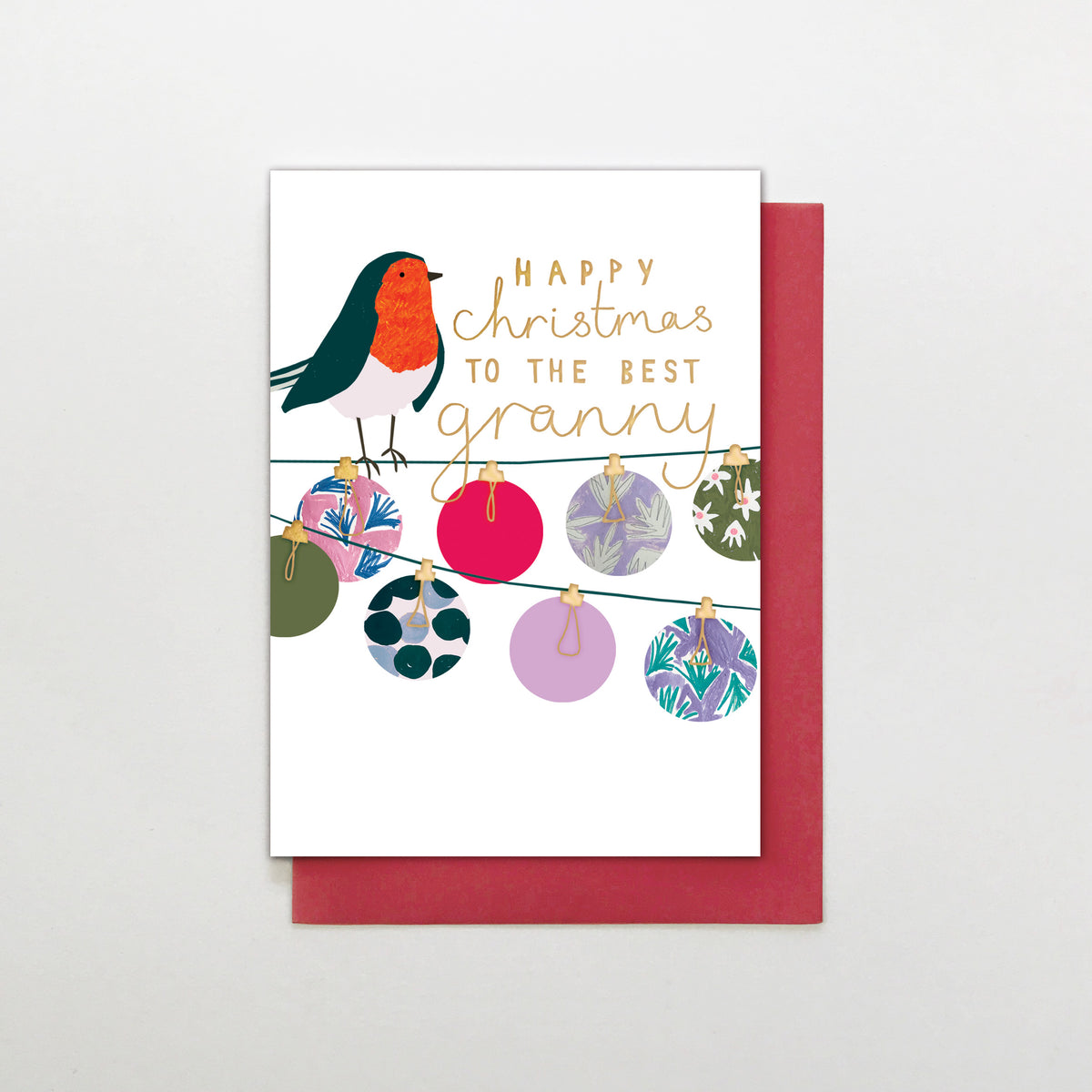 Christmas Card- granny robin on lights – Pippin Gifts Ltd